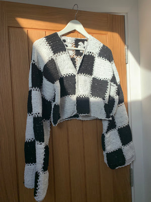*REWILD* Reversible Floral Checkerboard Black & White crochet Cardigan ...
